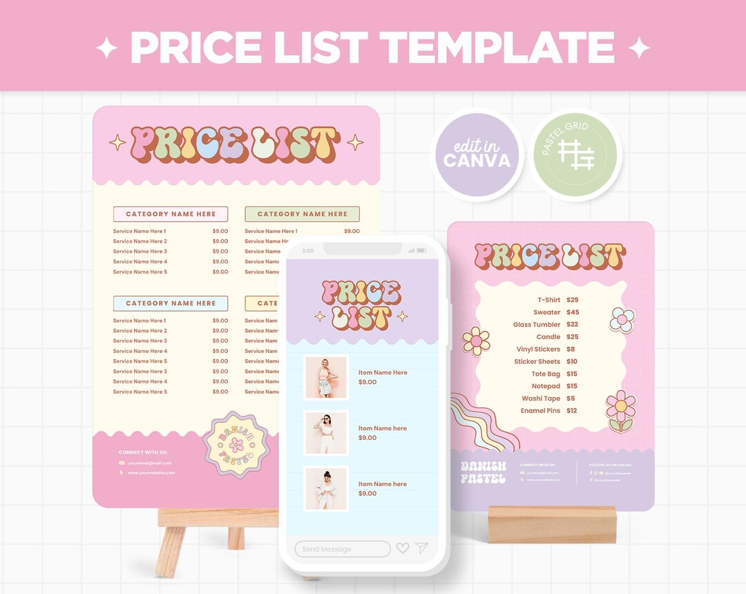 Price List Canva Template Danish Pastel Rainbow Pink Purple Yellow ...