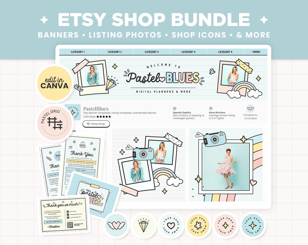 Etsy Shop Banner Templates, Blue Yellow Pastel Colors Editable Etsy ...