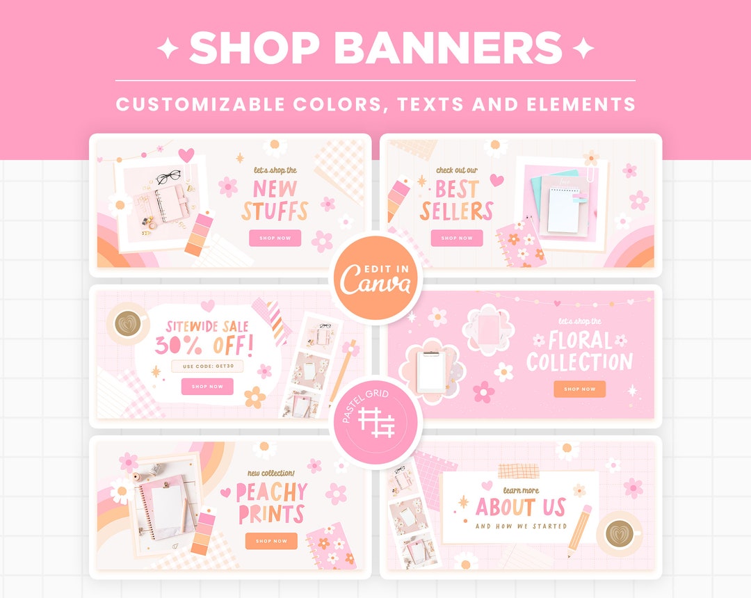 Shop Banners Pink Peach Orange Colors Editable via Canva, Shopify ...