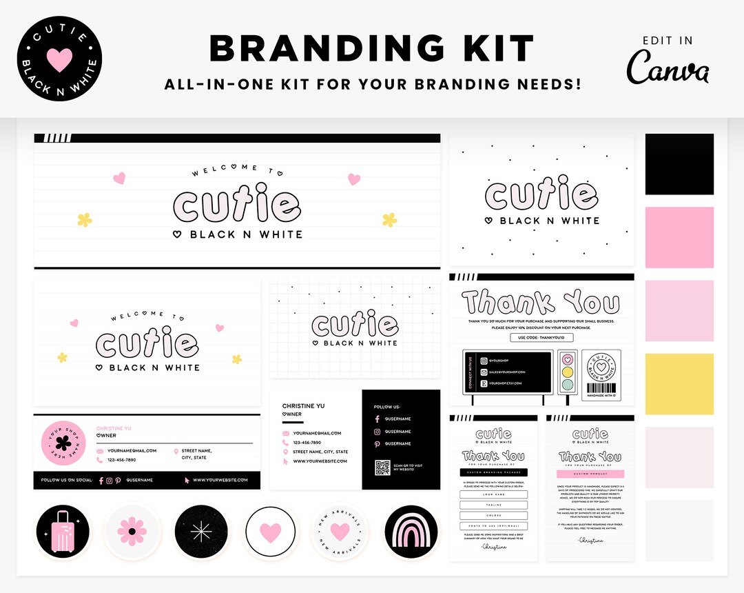 Branding Kit Black White Pink Canva Templates Editable - Etsy