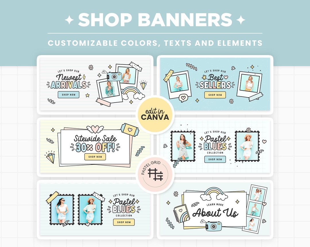 Shop Banners Pastel Blue Yellow Editable via Canva, Shopify Banners ...