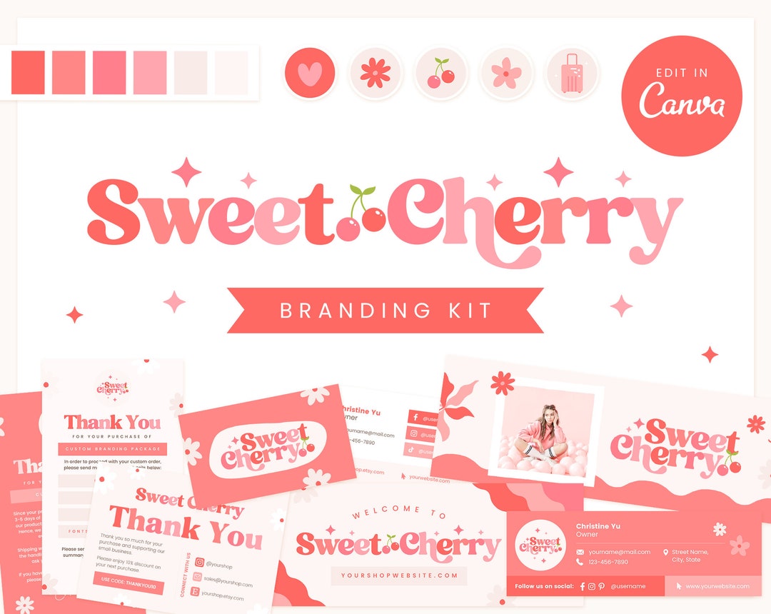 Branding Kit Red Pink Cherry Canva Templates Editable Business Cards ...