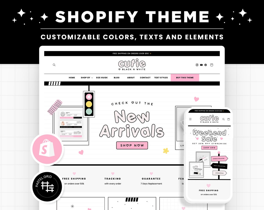 Shopify Theme Black White Pink Customizable Shopify Template Editable ...