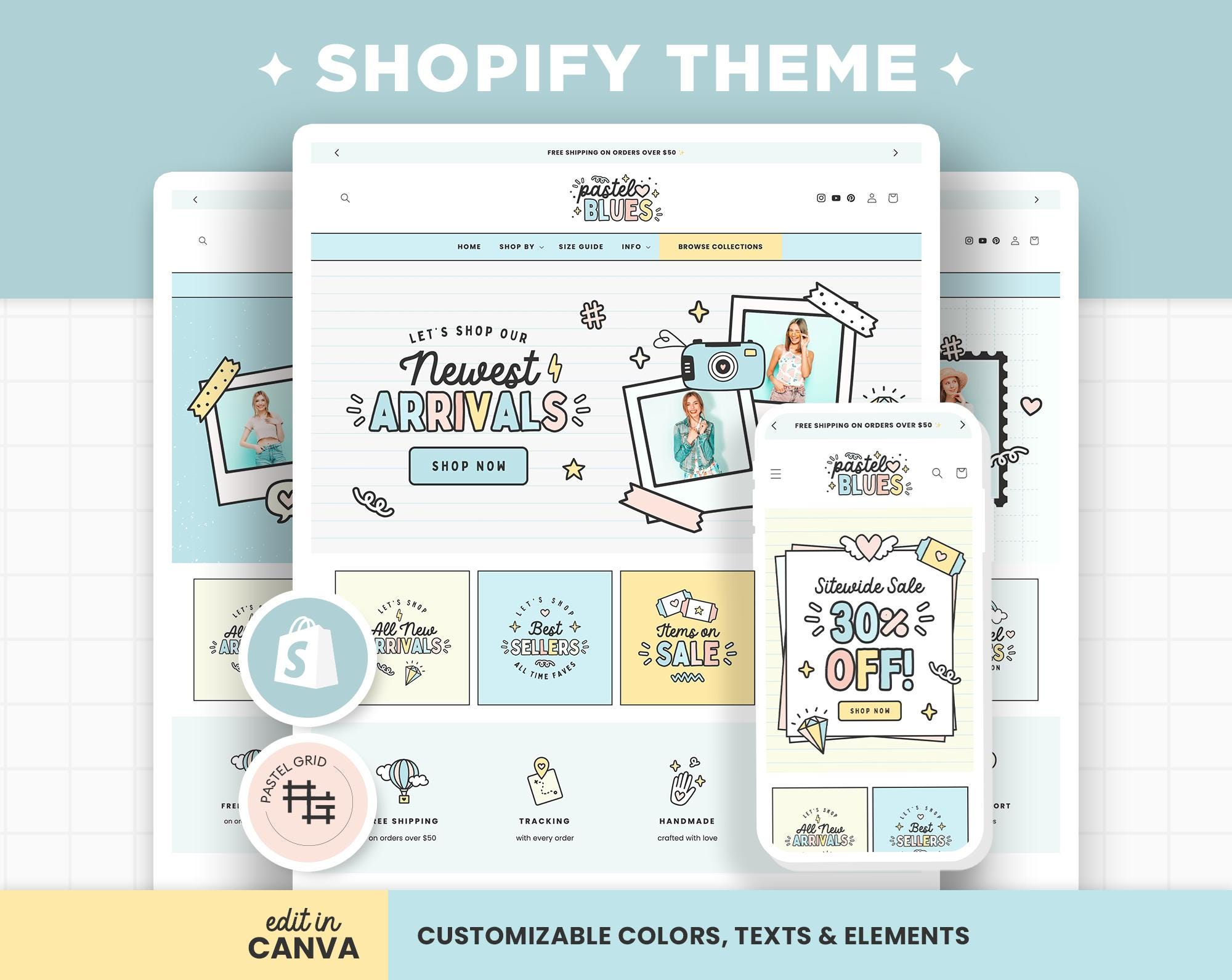 Shopify Theme Blue Pastel Colors Customizable Shopify Template Editable ...