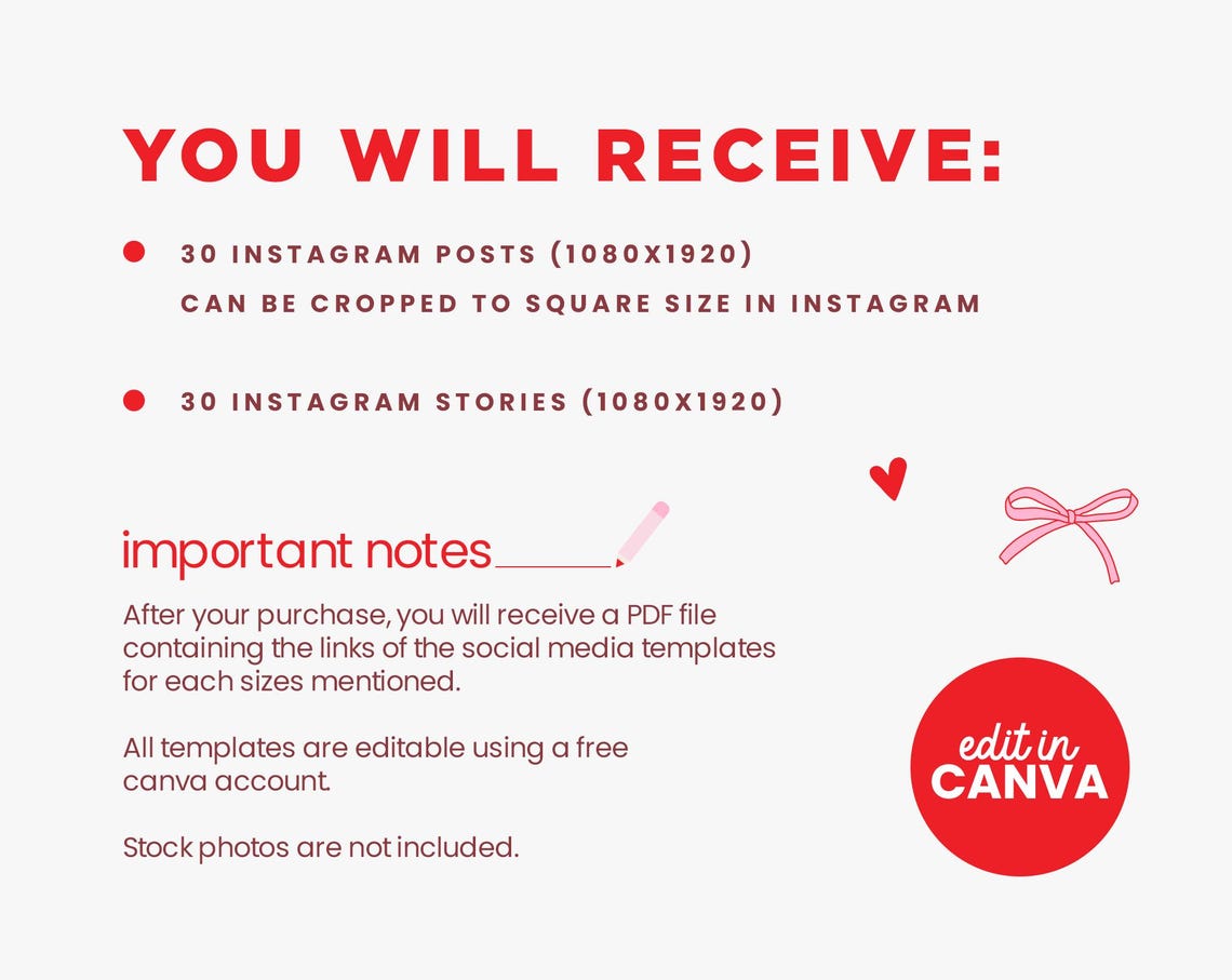 Instagram Posts Template Coquette Valentines Day Pink Red Colors Bundle ...