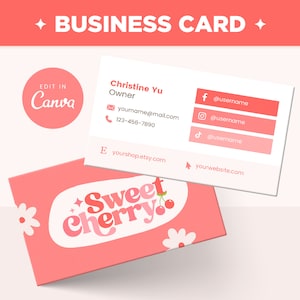 Business Card Template Editable in Canva, Red Pink Cherry Bright Colors ...