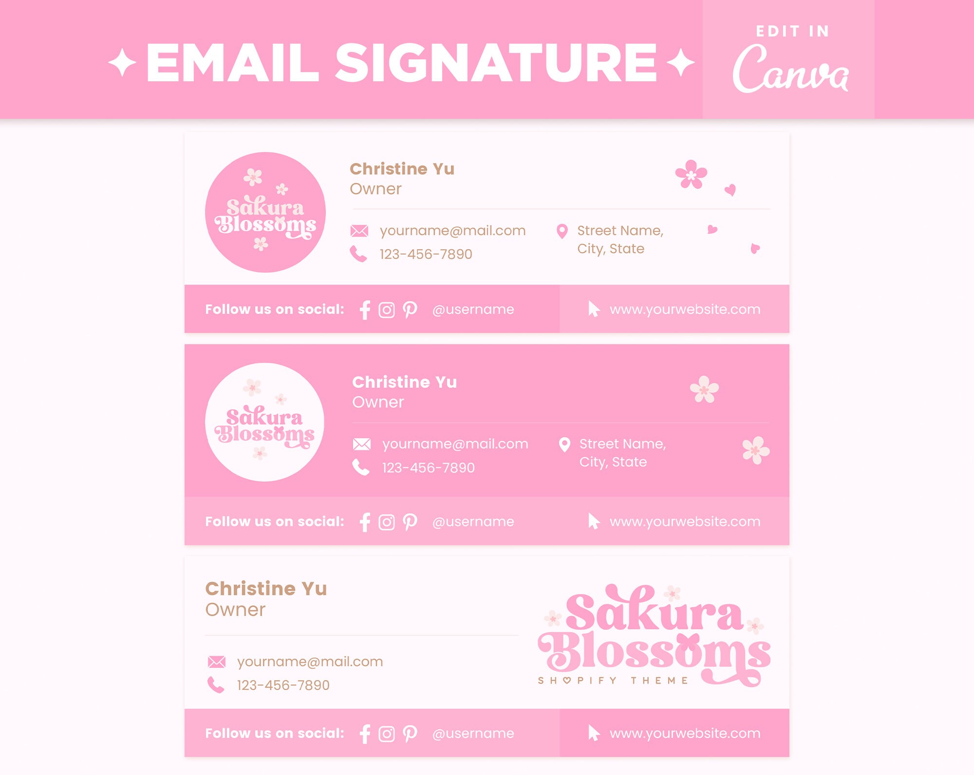 Email Signature Template Editable in Canva, Pink Sakura Cherry Blossoms ...