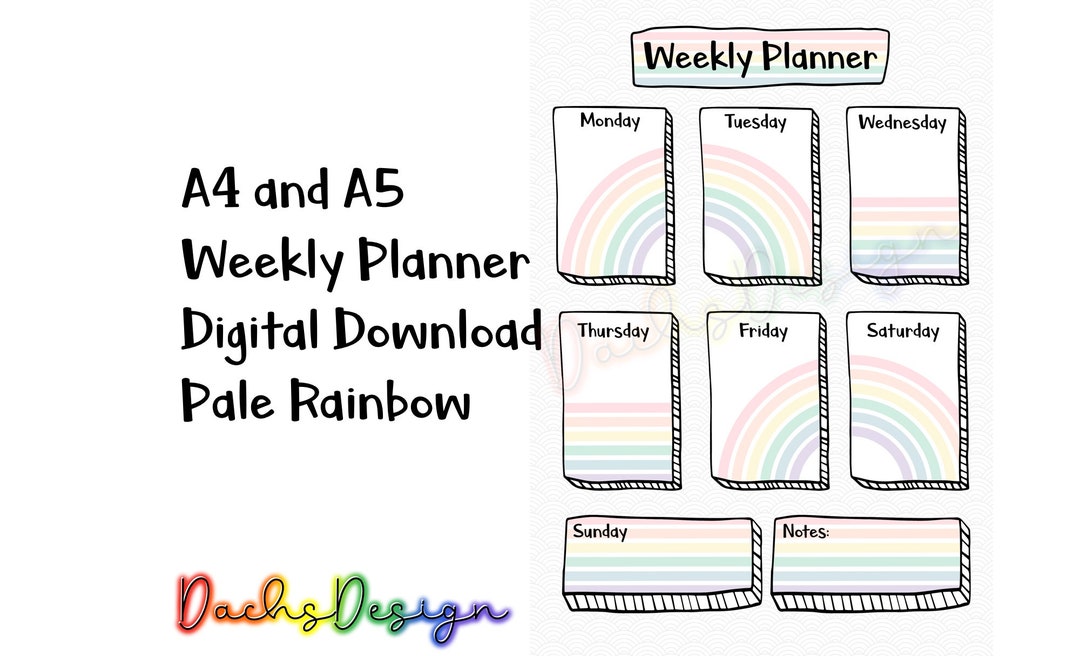 Printable Weekly Planner, Rainbow Themed Planner, 6 Day Weekly Planner ...