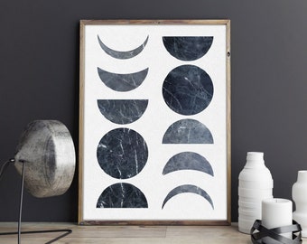 Boho Art Moon Phases Mid Century Modern Marble Print Black | Etsy