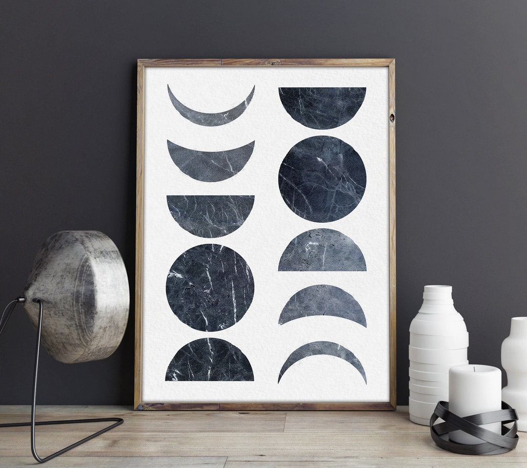 Moon Phases Diagram, Mid Century Modern, Black Marble, Black and White ...