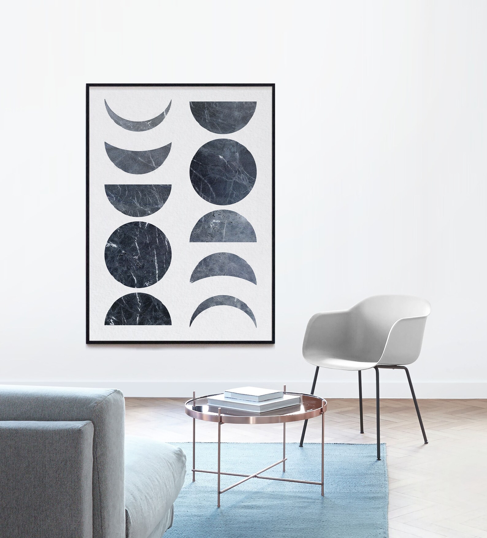 Moon Phases Diagram, Mid Century Modern, Black Marble, Black and White ...