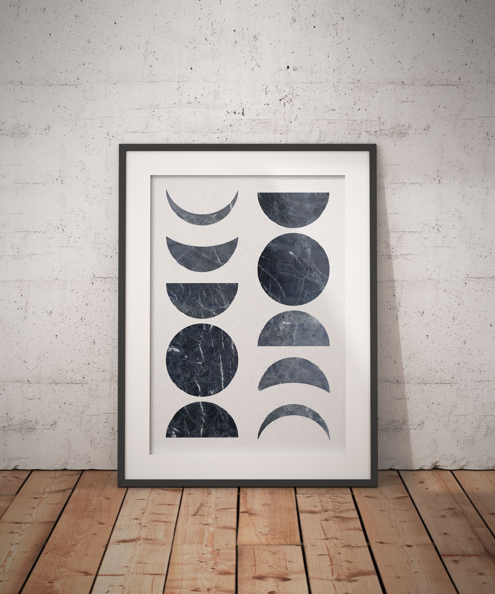 Moon Phases Diagram, Mid Century Modern, Black Marble, Black and White ...