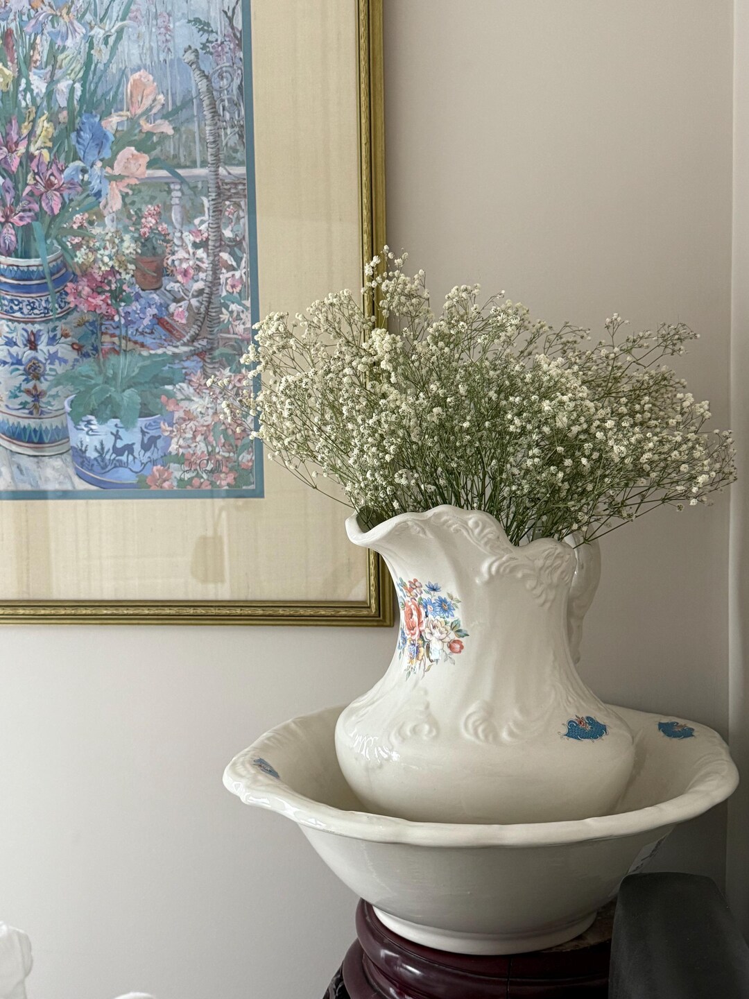 Antique Wash Bowl & Pitcher Set | Creamy White Ceramic With Hand ...