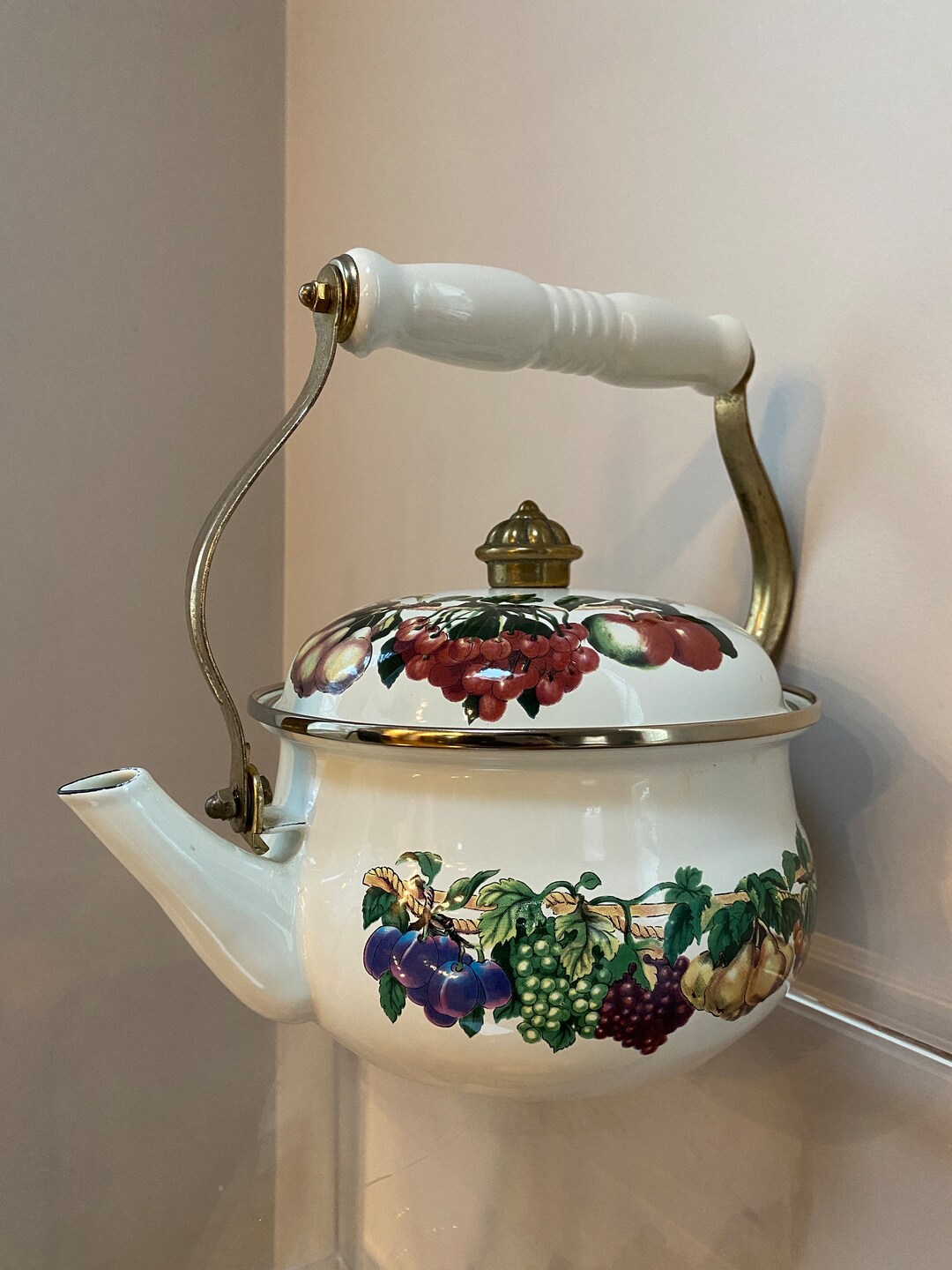Vintage Fruit Design Teapot Kettle: Tabletops Unlimited Enamel Charm - Etsy