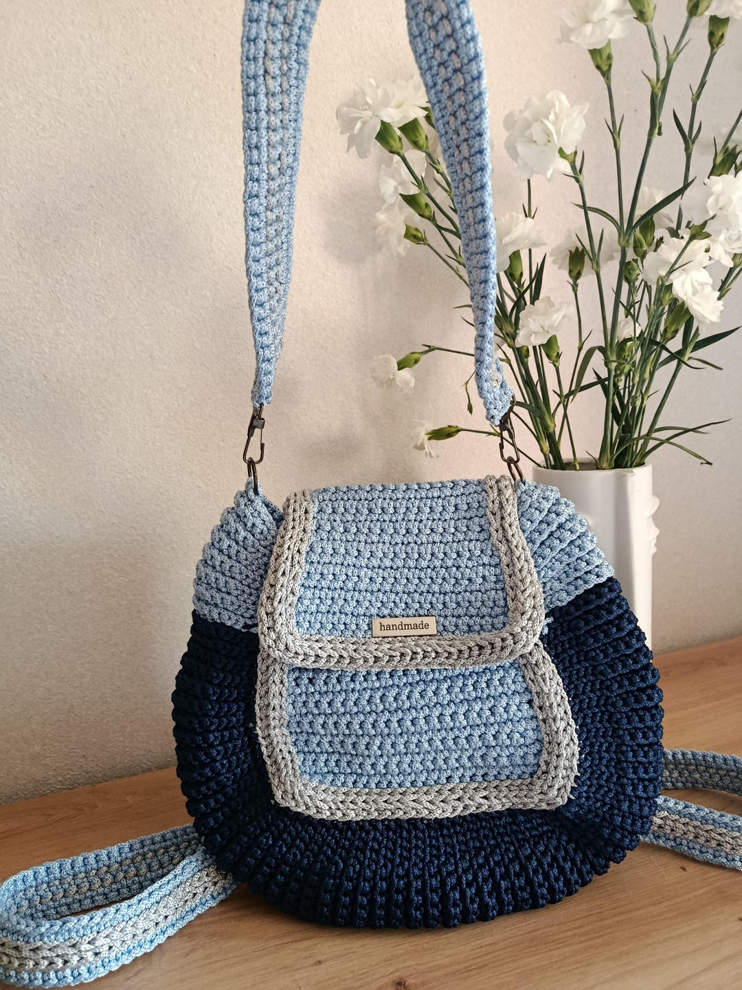 Convertible Crochet Backpack Purse, Blue Cotton Lurex Bag, Boho ...