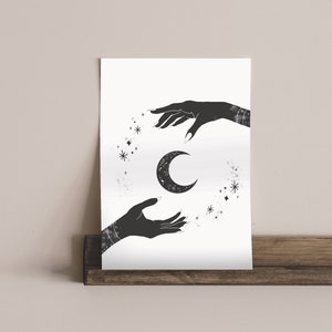 Hands and Moon Digital Print, Celestial Art Print, Charcoal Moon Print ...