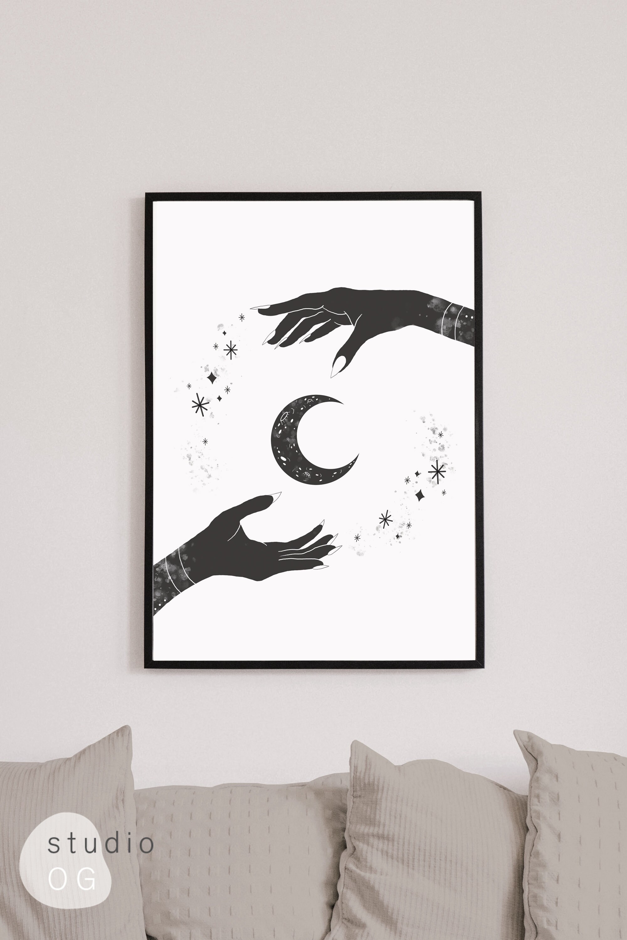 Hands and Moon Digital Print, Celestial Art Print, Charcoal Moon Print ...