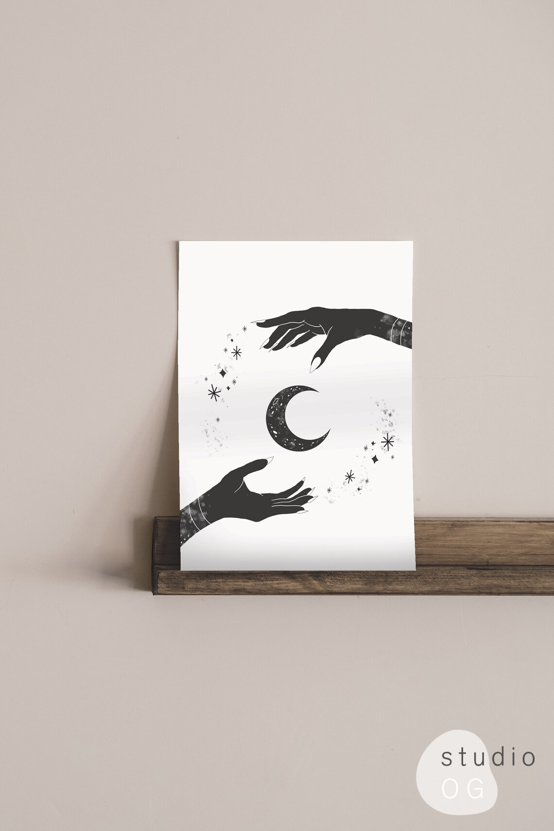 Hands and Moon Digital Print, Celestial Art Print, Charcoal Moon Print ...