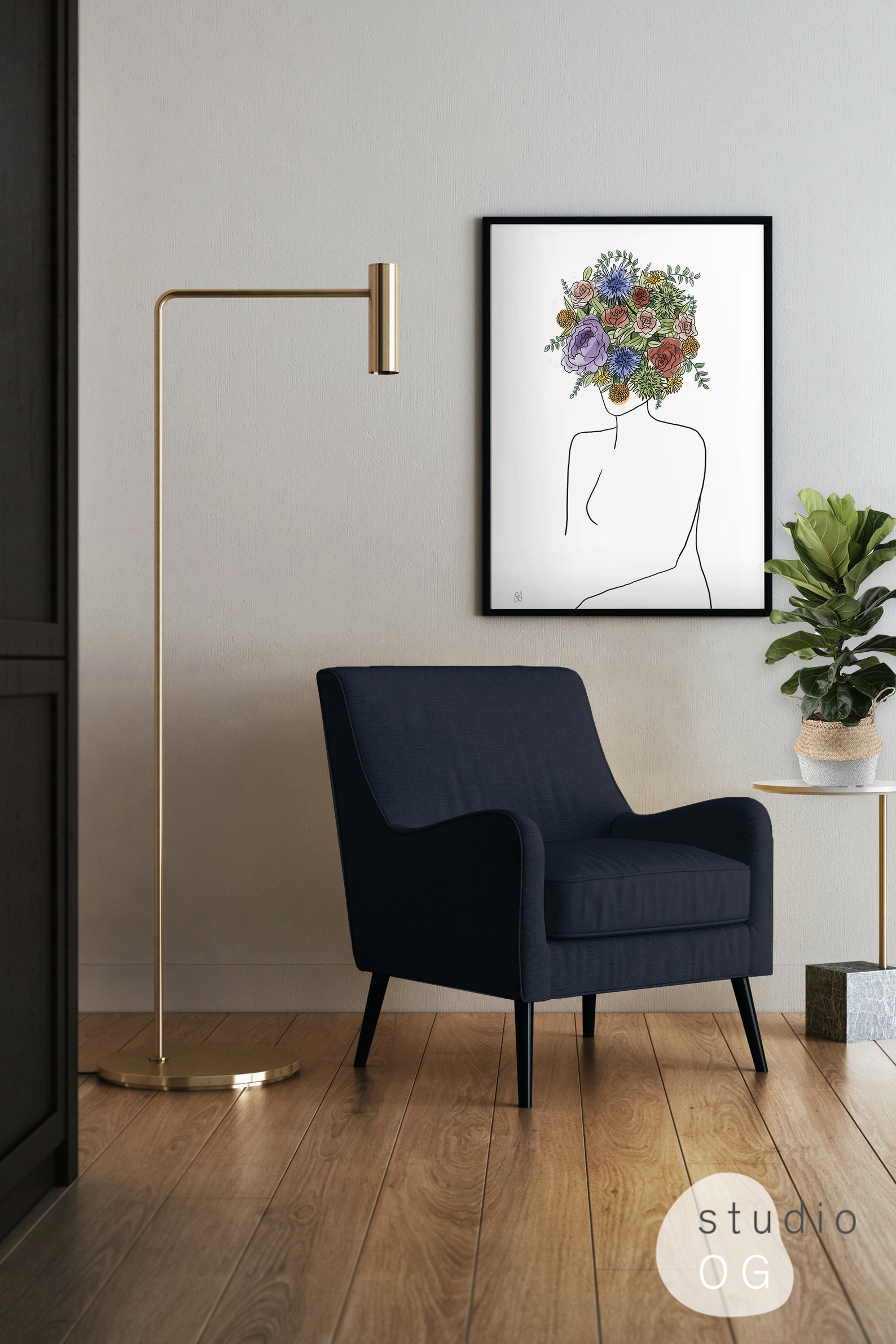 Flower Head Line Art Drawing, Printable Wall Art, Line Art Printable ...