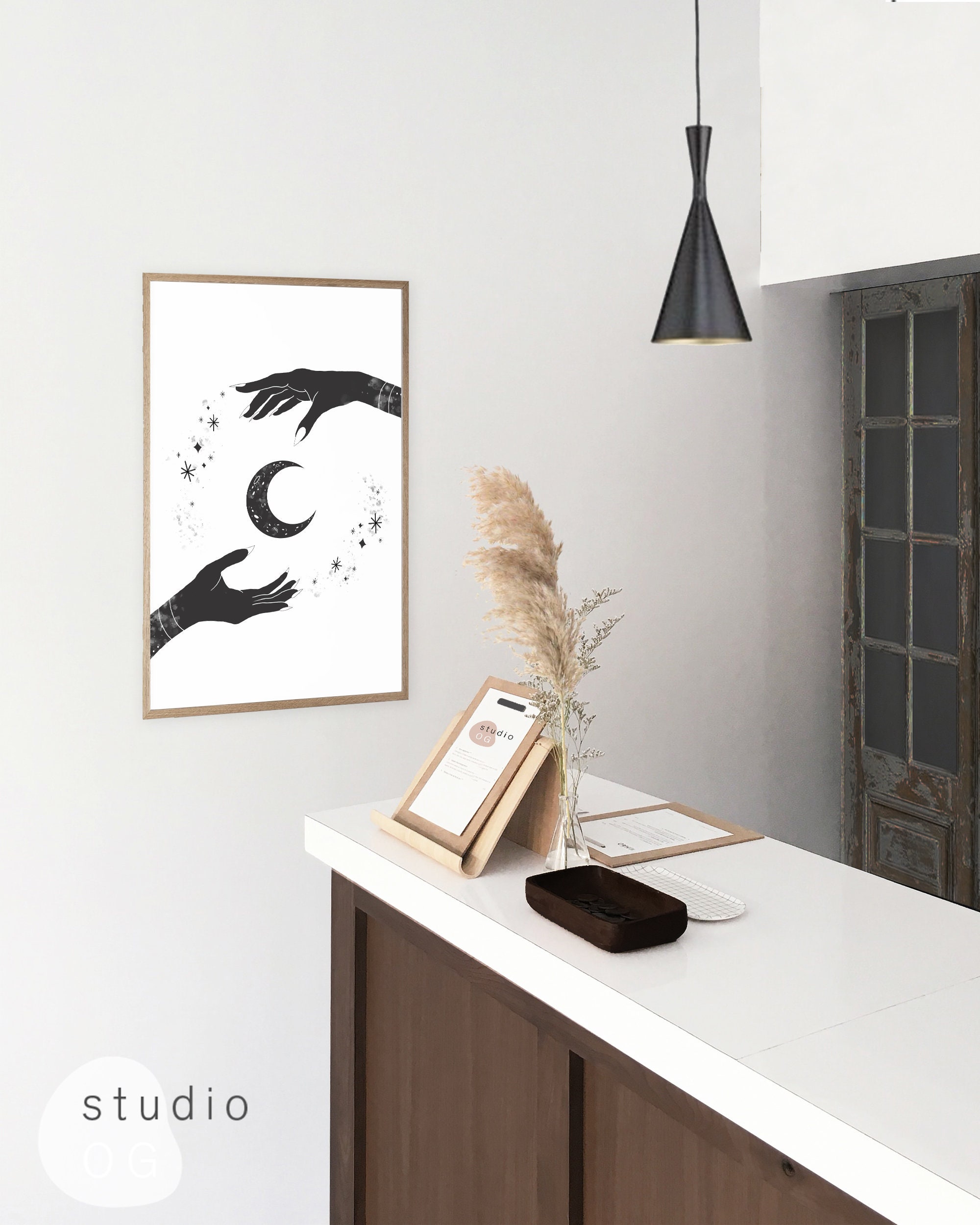 Hands and Moon Digital Print, Celestial Art Print, Charcoal Moon Print ...