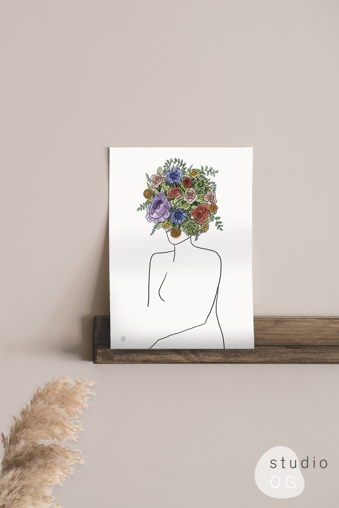 Flower Head Line Art Drawing, Printable Wall Art, Line Art Printable ...