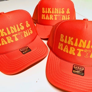 Trucker Hats, Bikinis and Martinis Orange Trucker Hat, Night Party Hat ...