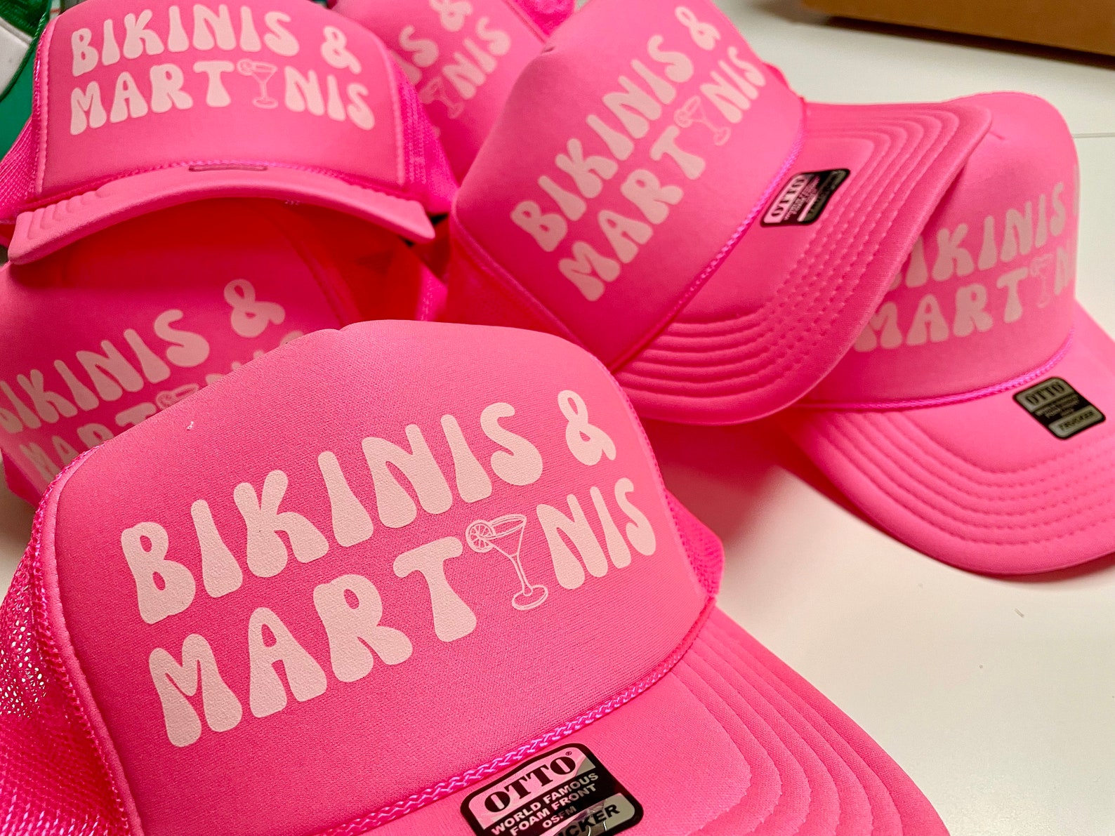 Trucker Hats, Bikinis and Martinis Orange Trucker Hat, Night Party Hat ...