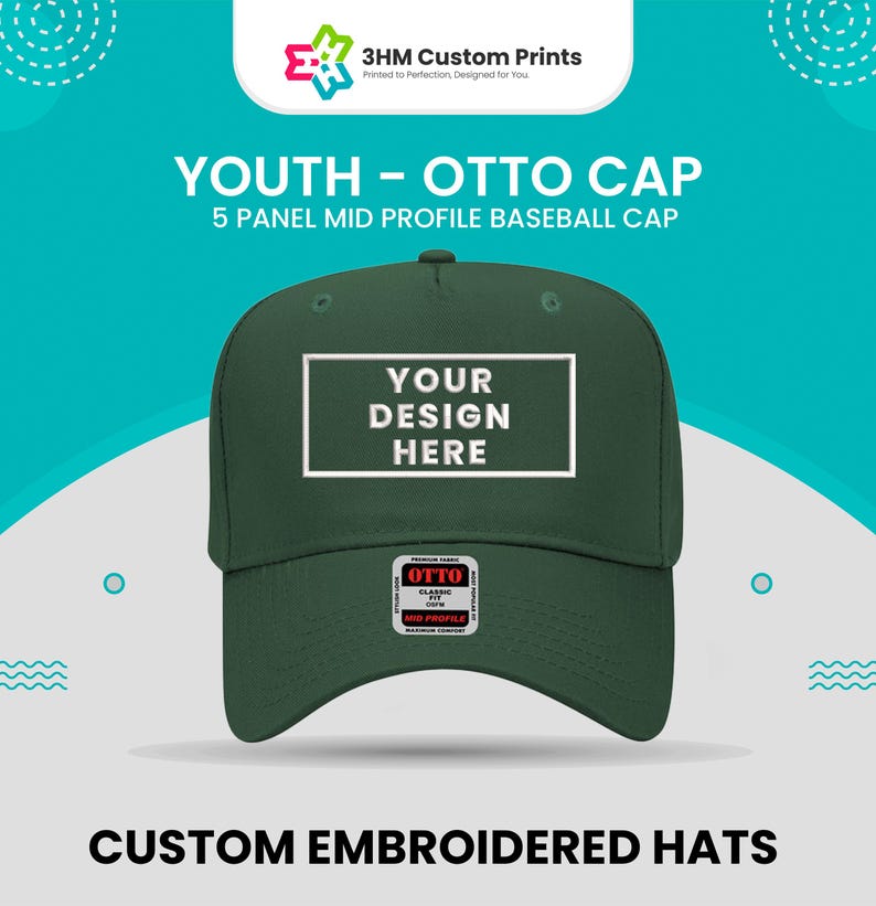 Youth Custom 5 Panel Hat, Available 3D Puff Embroidered Logo Text Front ...