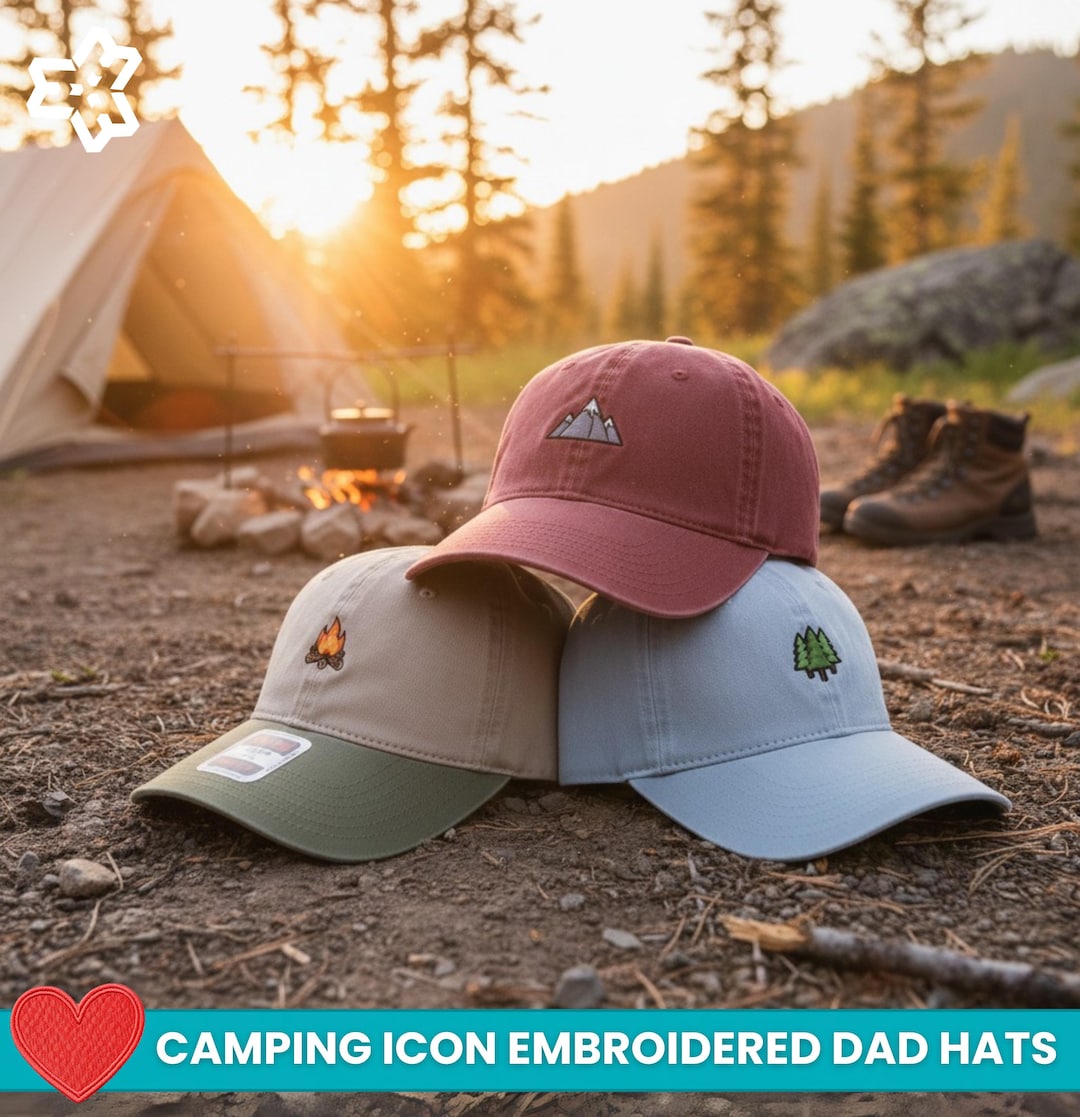 Camping Embroidered Dad Hats, Outdoor Adventure Icon Baseball Cap ...