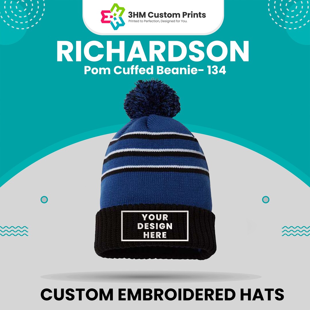 Custom Beanie Embroidered Richardson With Pom 134, Winter Hat, Sports ...