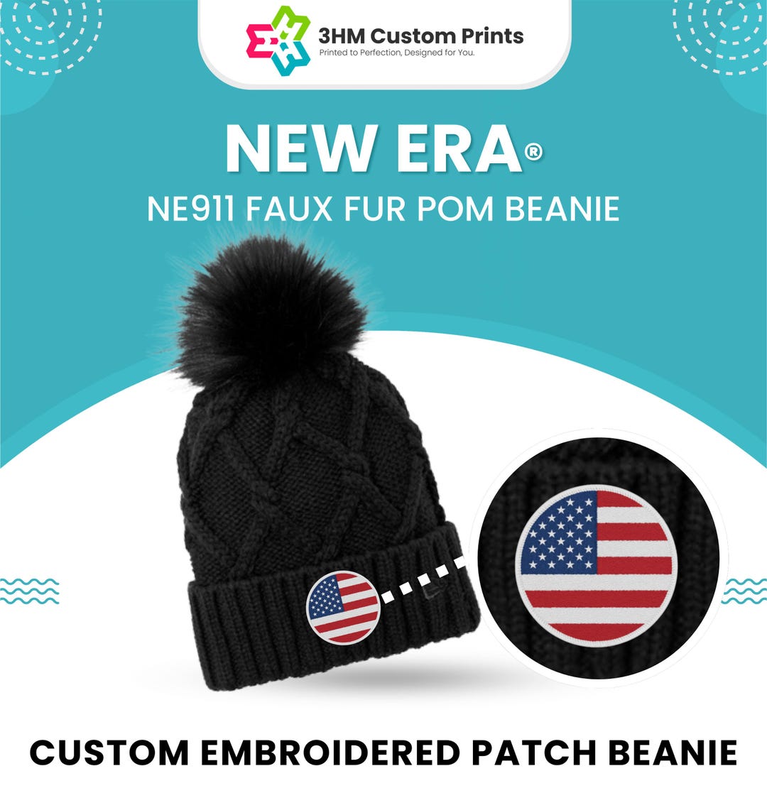 Embroidered Patch Beanies, Custom Winter Hats, Faux Fur Pom Beanie ...