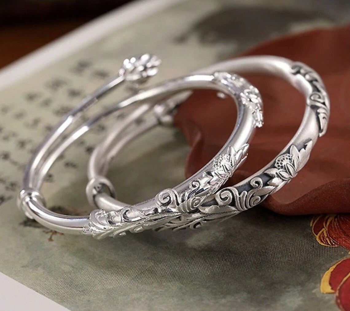 100% Real 999 Pure Silver Bangles for Women Thai Silver Lotus | Etsy