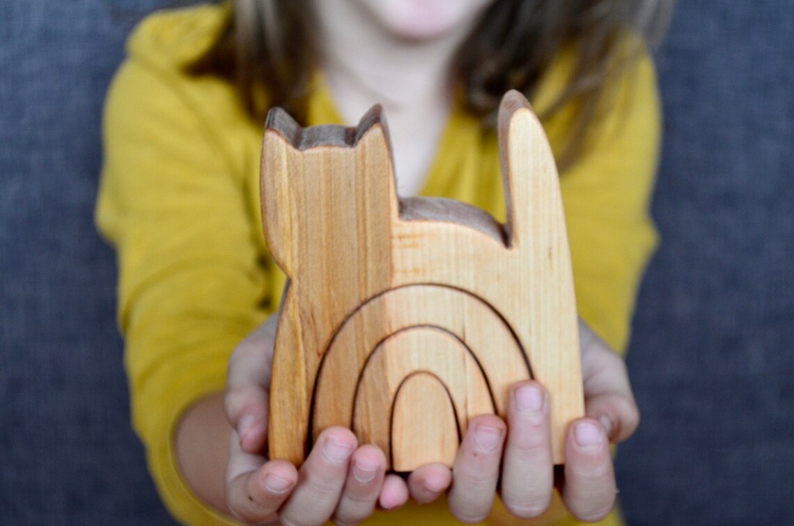 Wooden Rainbow Stacker Cat Puzzle Toy Waldorf Wooden Cat Montessori ...
