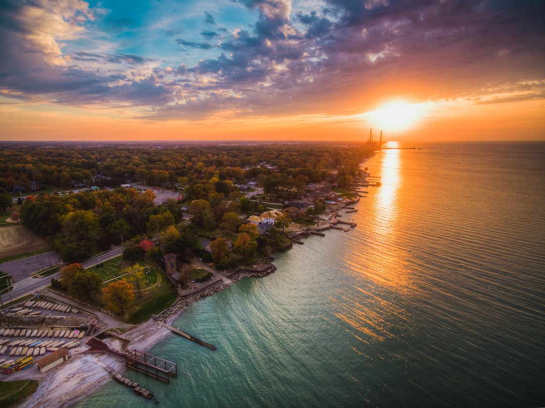 Canvas Print of Dramatic Autumn Sunset Over Lake Erie Aerial Drone View ...