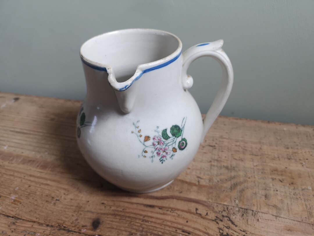 Antique Hand Painted Stoneware Jug With Side Spout, With Hand Colored ...