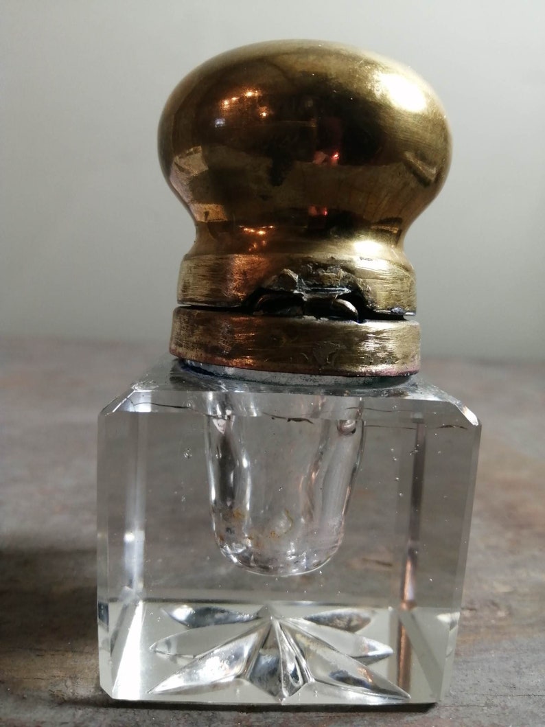 Antique French Hand Blown Cut Glass Ink Bottle With Brass Knob Lid - Etsy