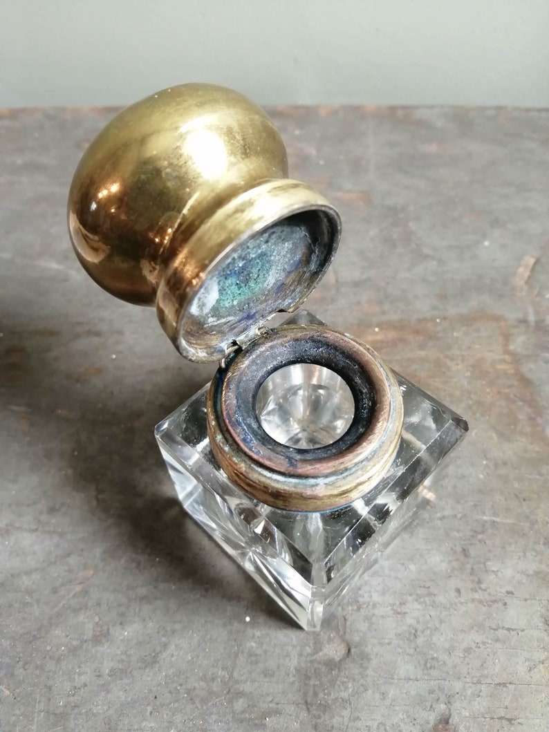 Antique French Hand Blown Cut Glass Ink Bottle With Brass Knob Lid - Etsy