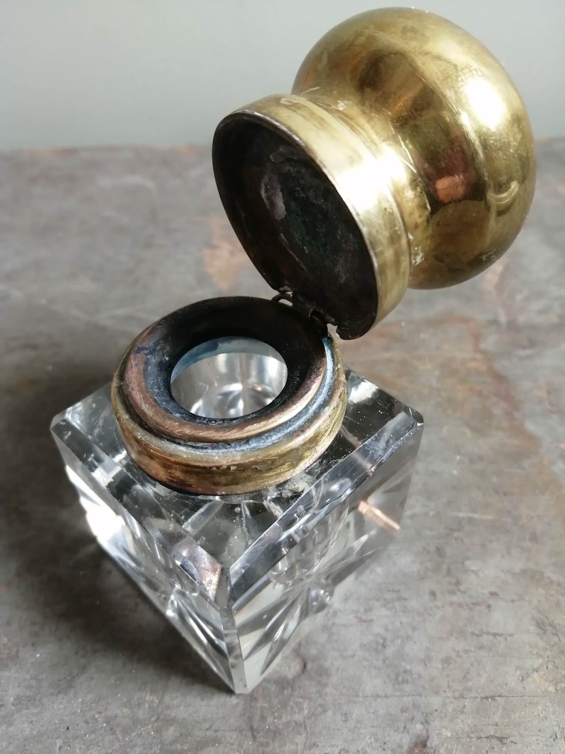 Antique French Hand Blown Cut Glass Ink Bottle With Brass Knob Lid - Etsy