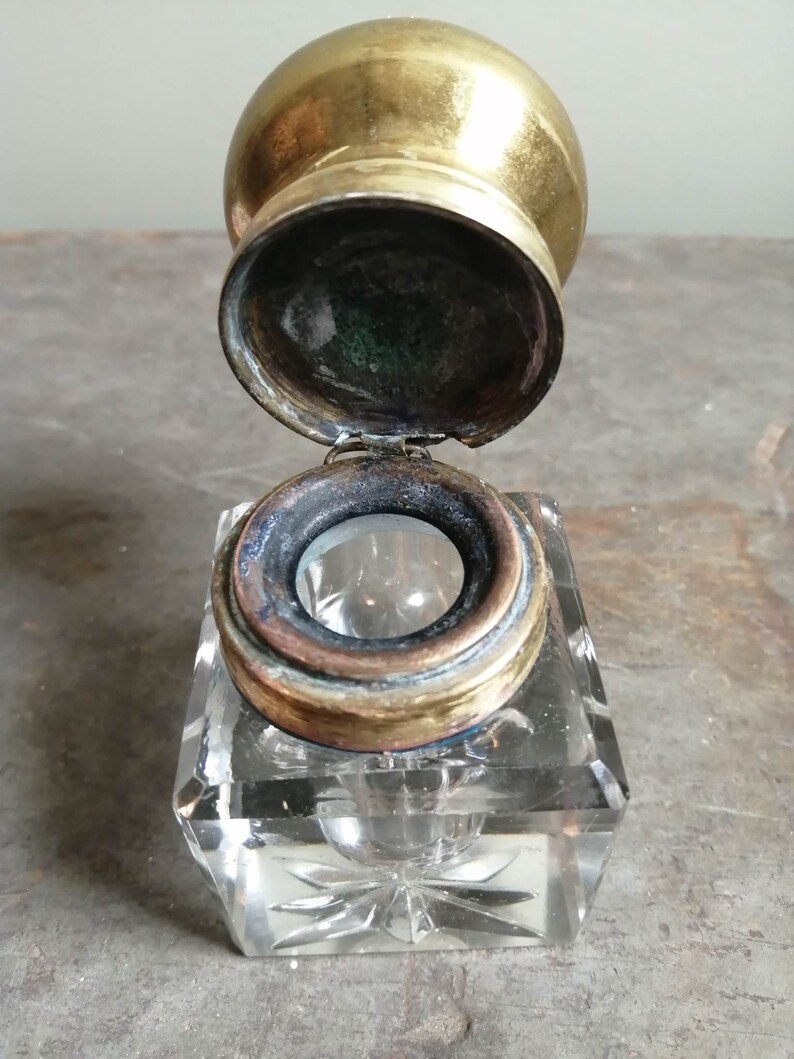 Antique French Hand Blown Cut Glass Ink Bottle With Brass Knob Lid - Etsy