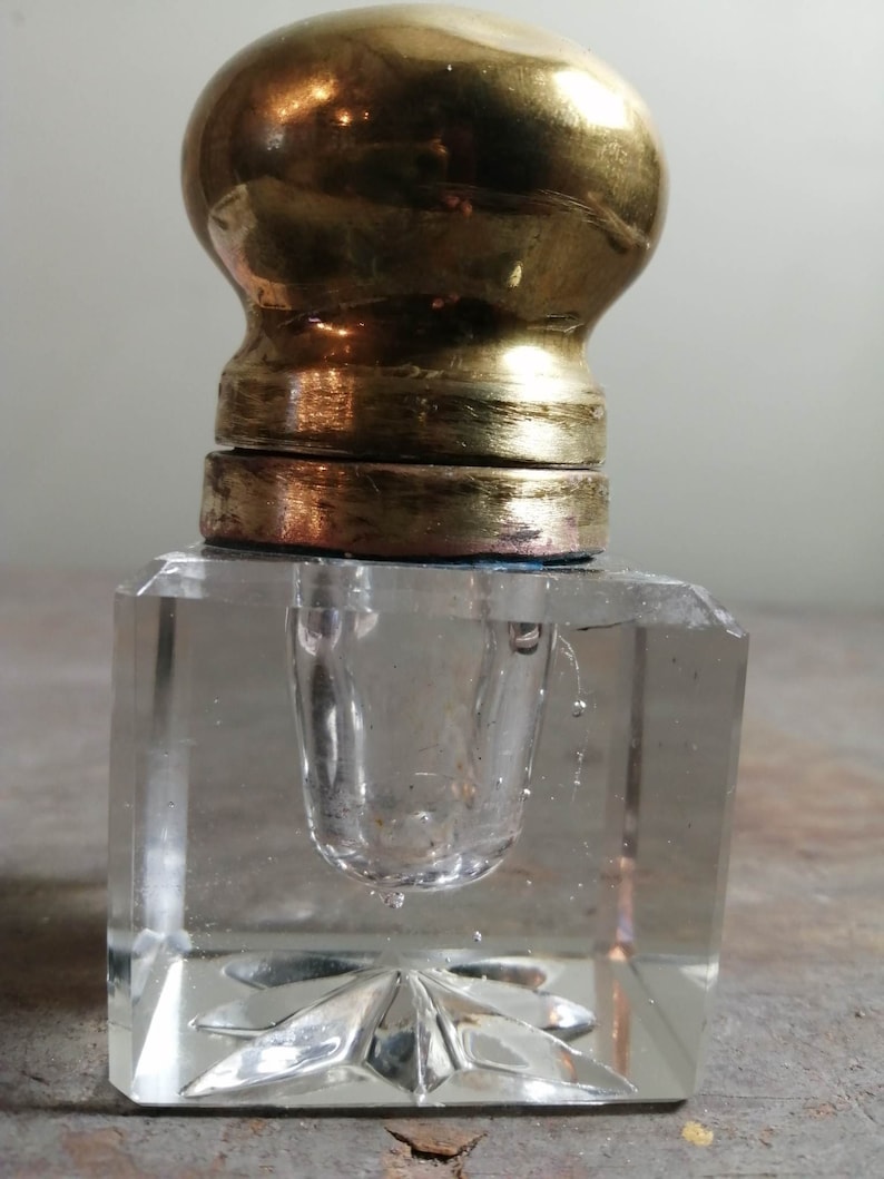 Antique French Hand Blown Cut Glass Ink Bottle With Brass Knob - Etsy