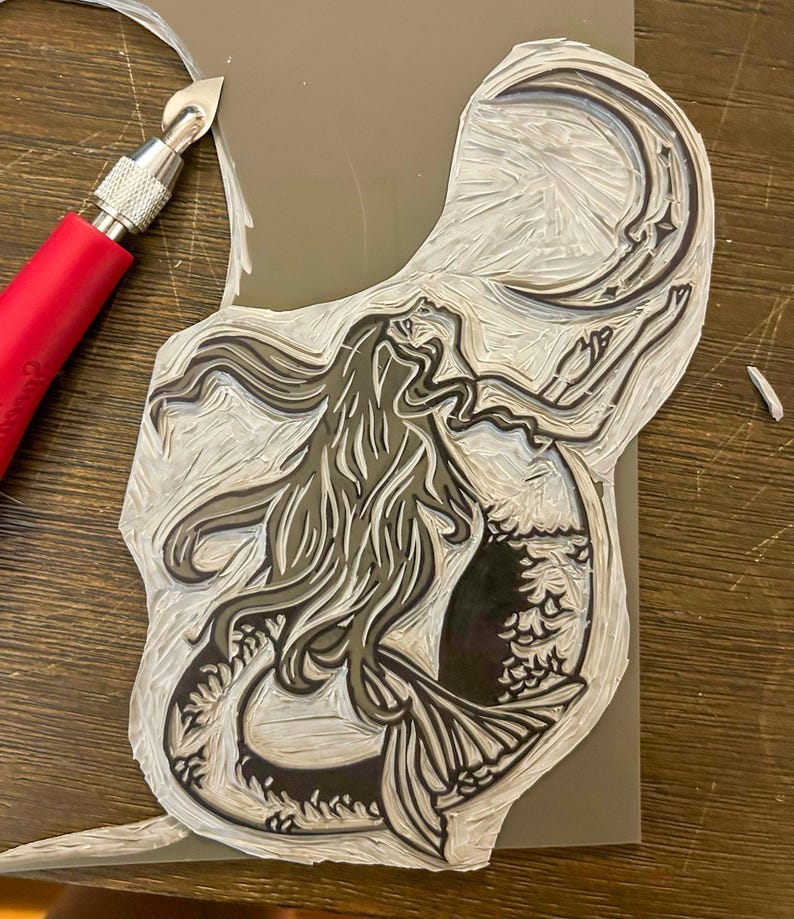 Siren's Moon (border) – Original Linocut Art Print – Handmade Nature ...