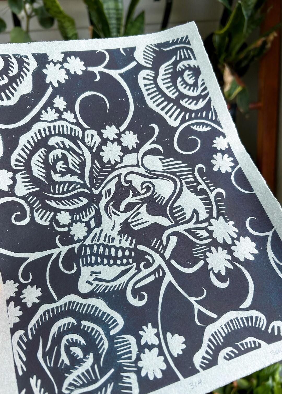 Skull Linocut Print With Roses & Vines – Gothic Wall Art, Hand-printed ...