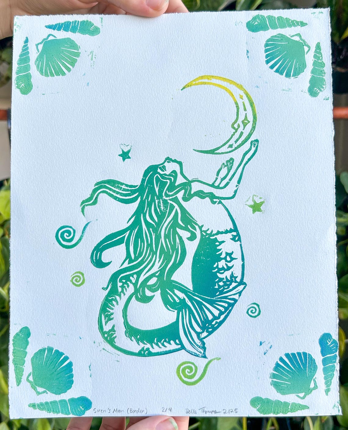 Siren's Moon (border) – Original Linocut Art Print – Handmade Nature ...