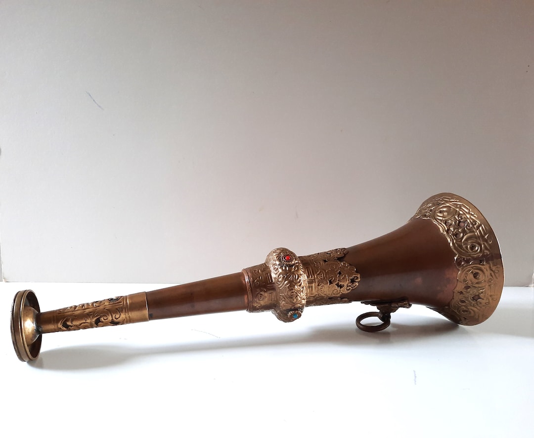 Early 20th C. Ceremonial Buddhist Copper & Brass Trumpet W/ Turquoise ...