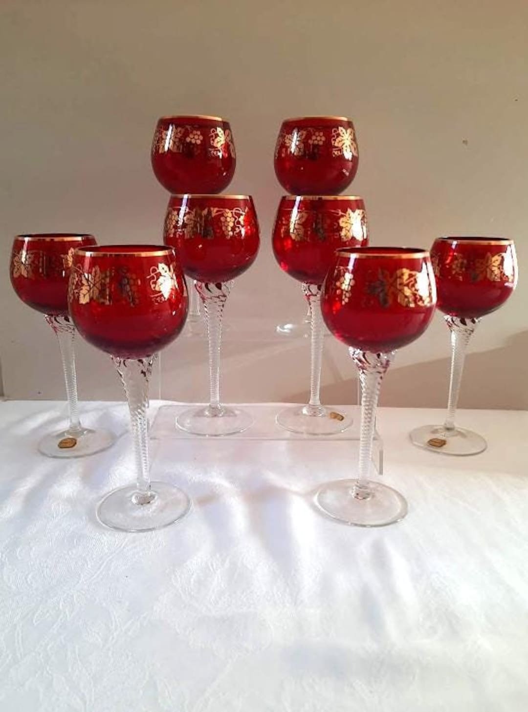 Vintage Bohemia Crystal Wine Glasses, Set of 8, Red Goblets With Gold ...