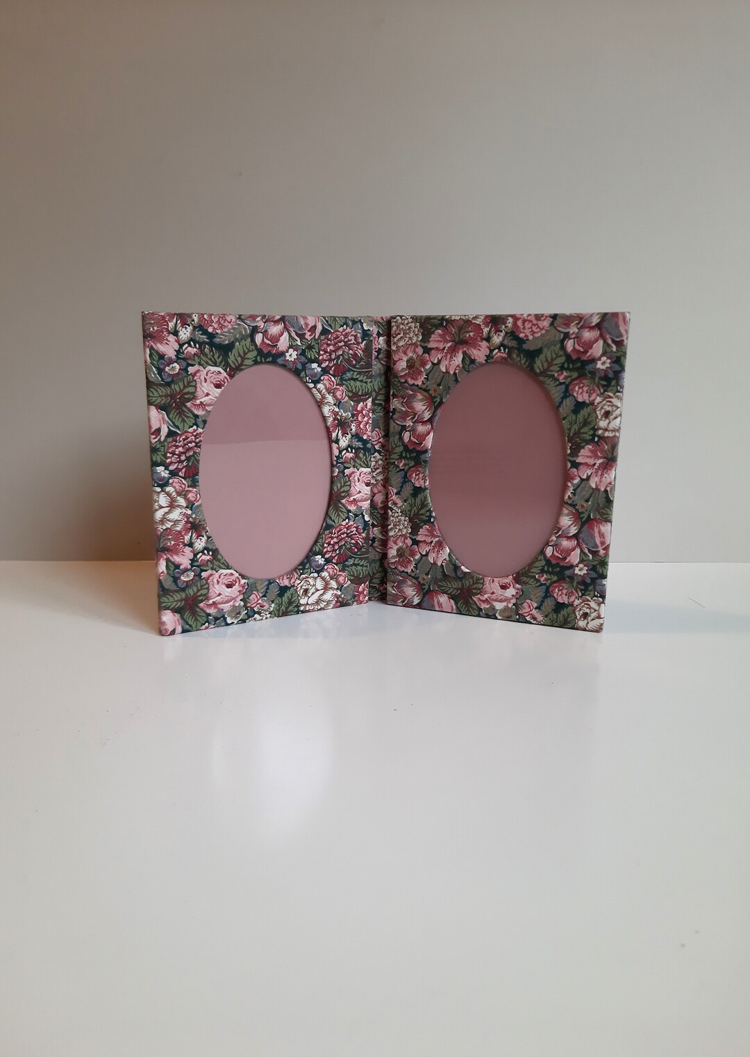 Lovely Vintage Twin Folded Picture Frame, Padded Cotton Floral Fabric ...