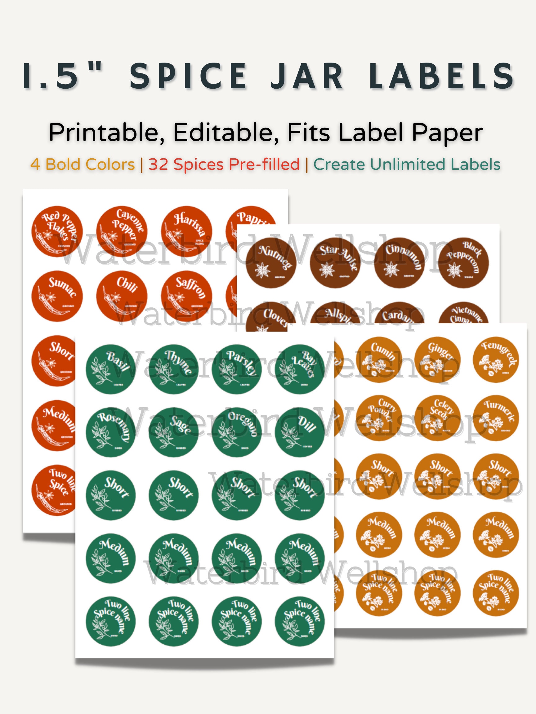 Circle Spice Jar Label Template, Editable Printable, Color Coded, 1.5 ...