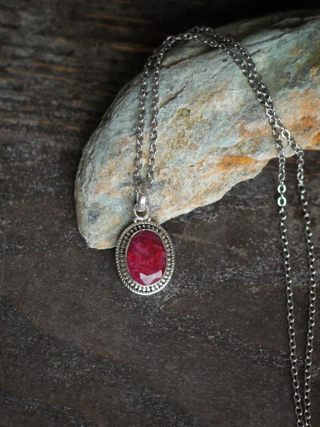 Solid Ruby and 925 Silver Oval Pendant, Red Ruby Root Stone Necklace ...