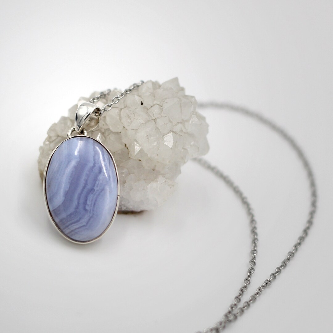 Oval Pendant in Blue Chalcedony, 925 Silver and Blue Stone Pendant ...