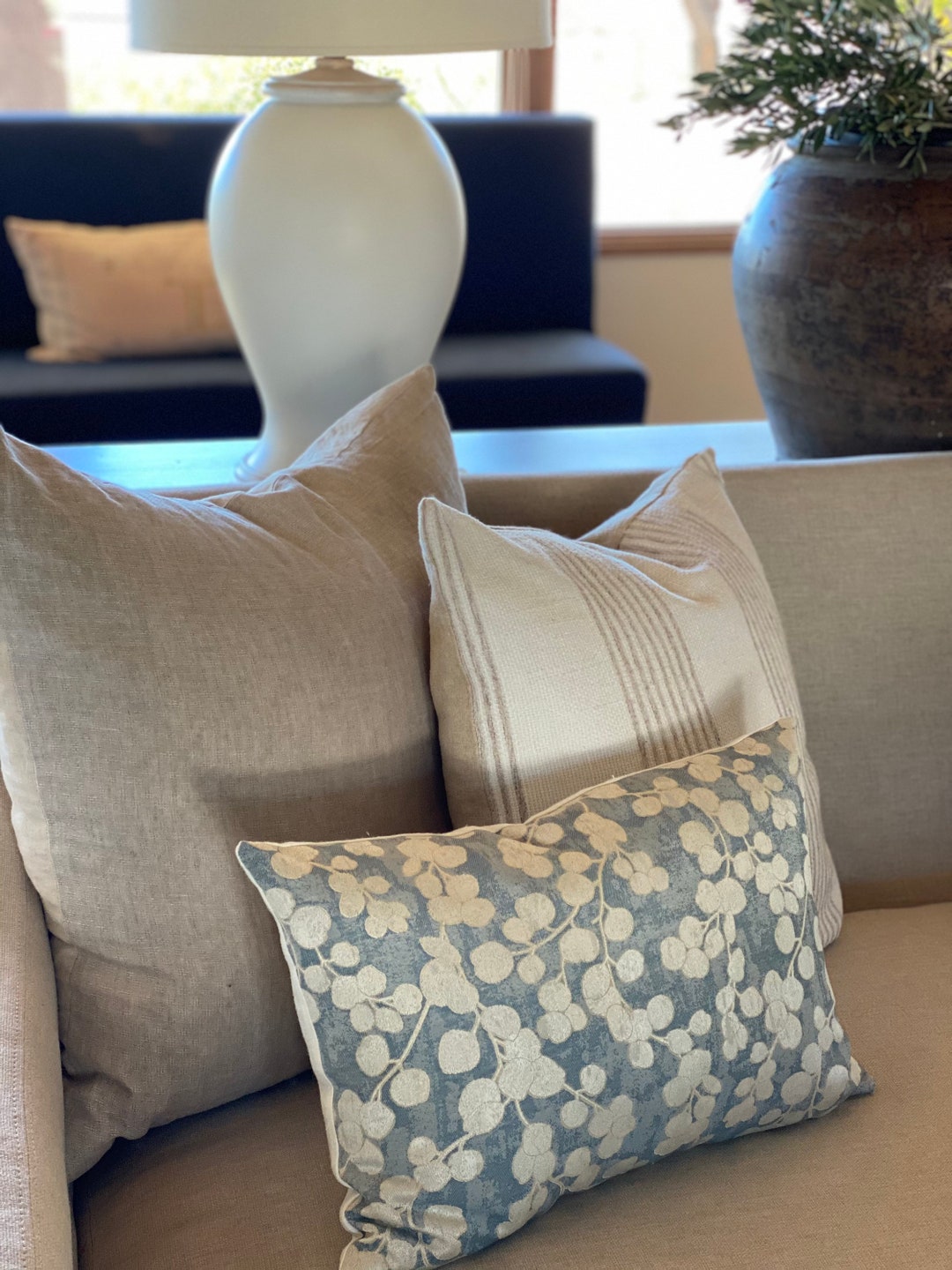 Designer Blue Pattern Pillow Cover Floral Flower Pattern With White ...